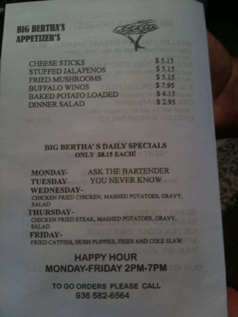 Menu at Big Bertha's pub & bar, Conroe