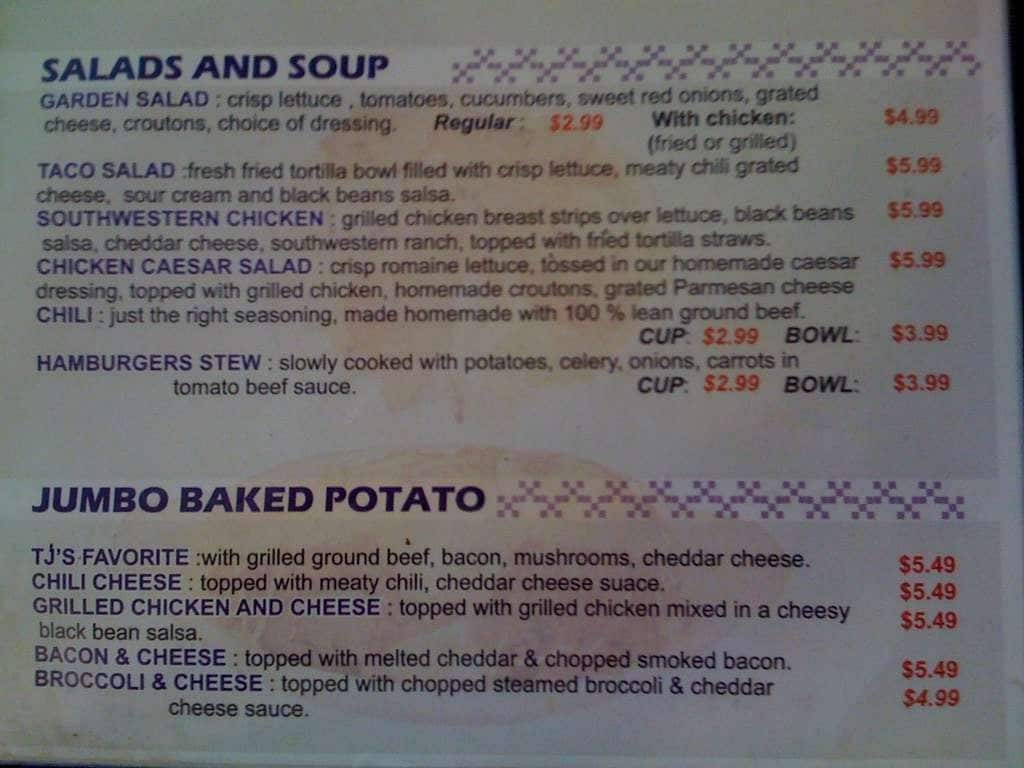 Menu at T J's Burger House restaurant, Wichita