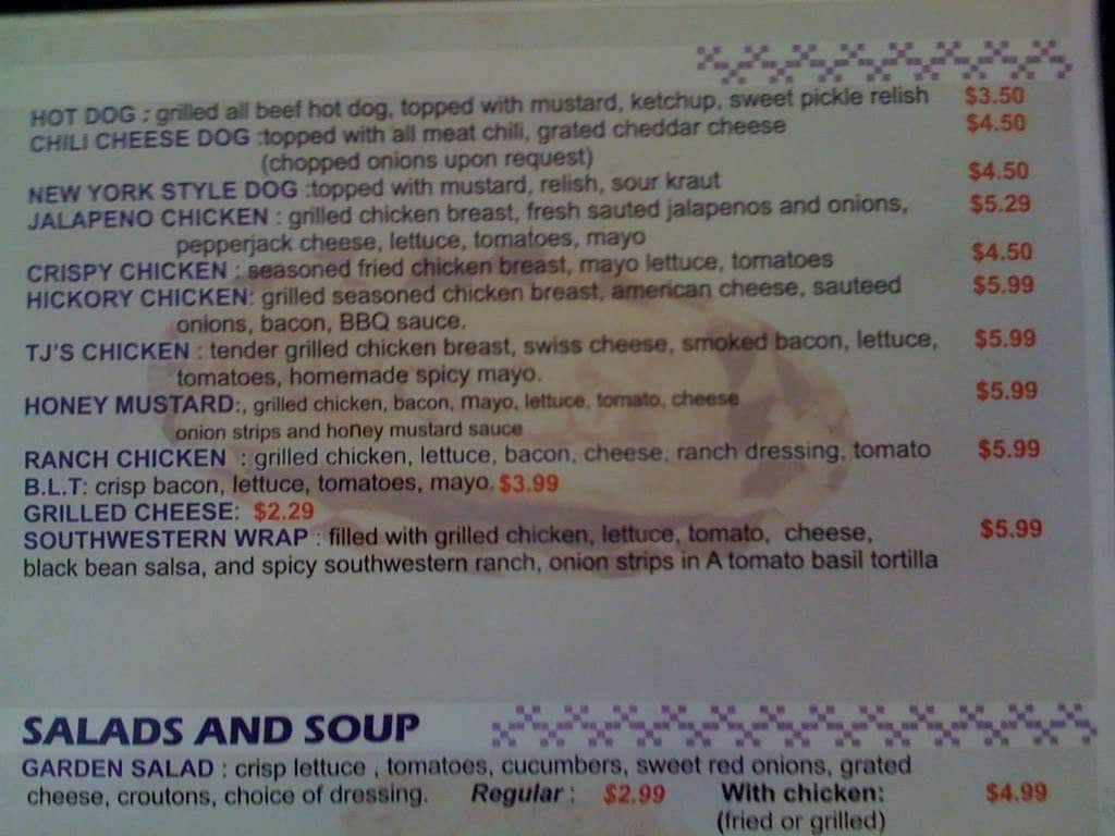 Menu at T J's Burger House restaurant, Wichita