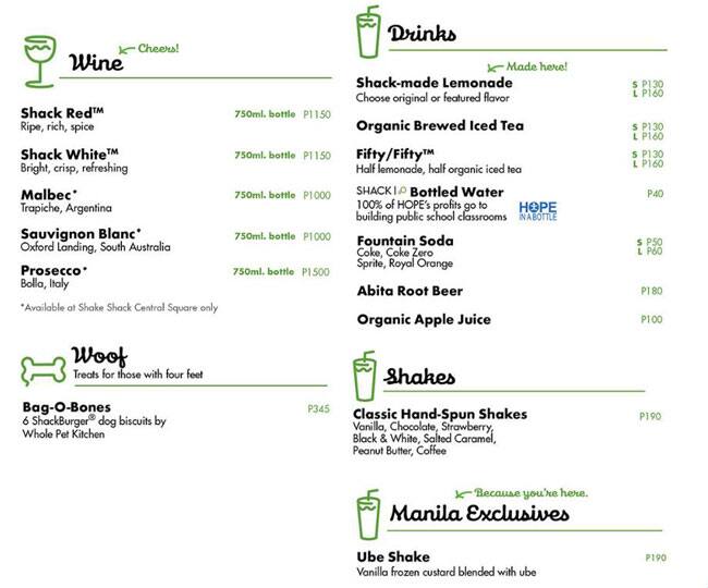 Menu at Shake Shack restaurant, Makati
