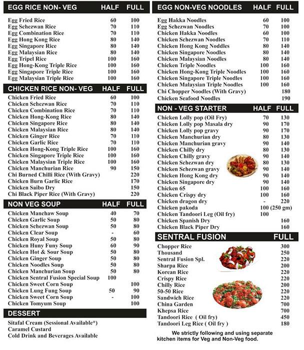 Menu at Sentral Fusion, Mumbai