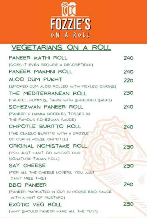 Menu of Fozzies's On A Roll, Bodakdev, Ahmedabad