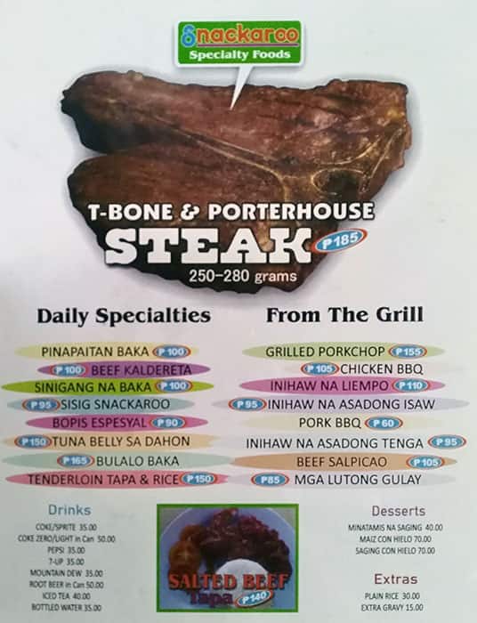 Menu at Snackaroo steakhouse, Quezon City, Judge Jimenez St.