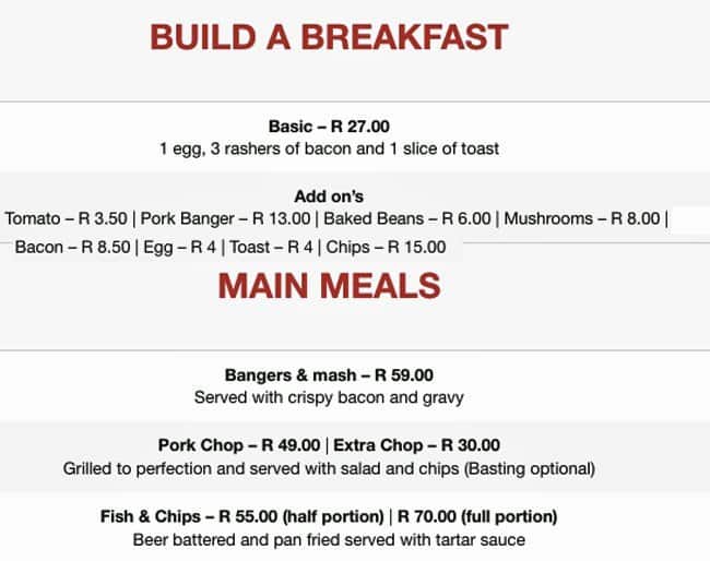 Menu at Uncle Jim's Pub & Grill, Roodepoort