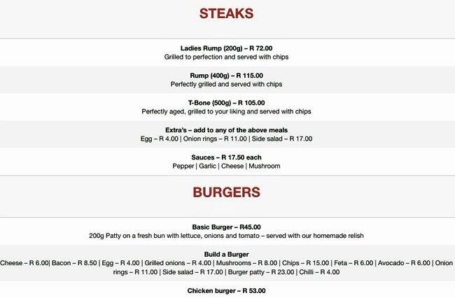 Menu at Uncle Jim's Pub & Grill, Roodepoort
