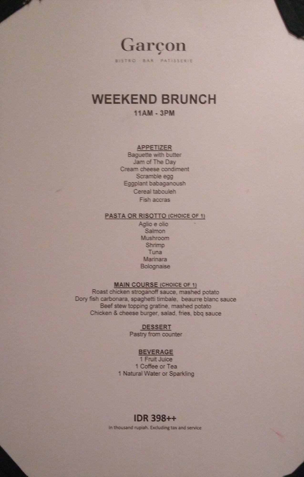 Carta del restaurante Bistro Garçon, Yakarta