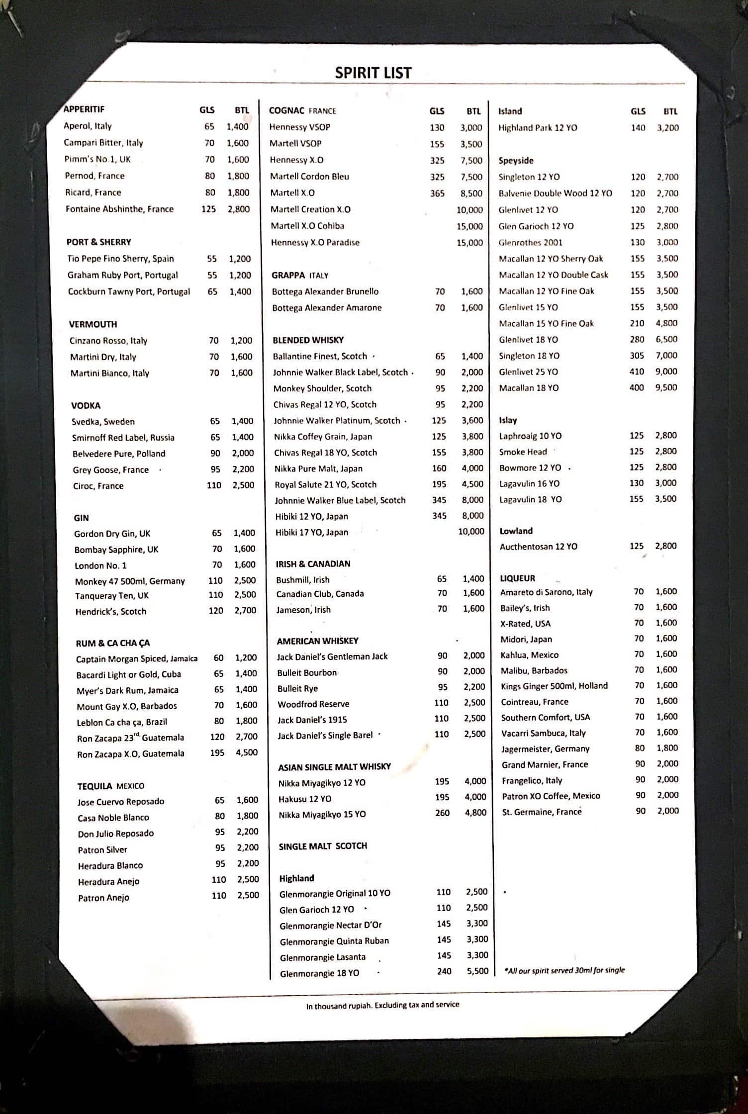 Carta del restaurante Bistro Garçon, Yakarta