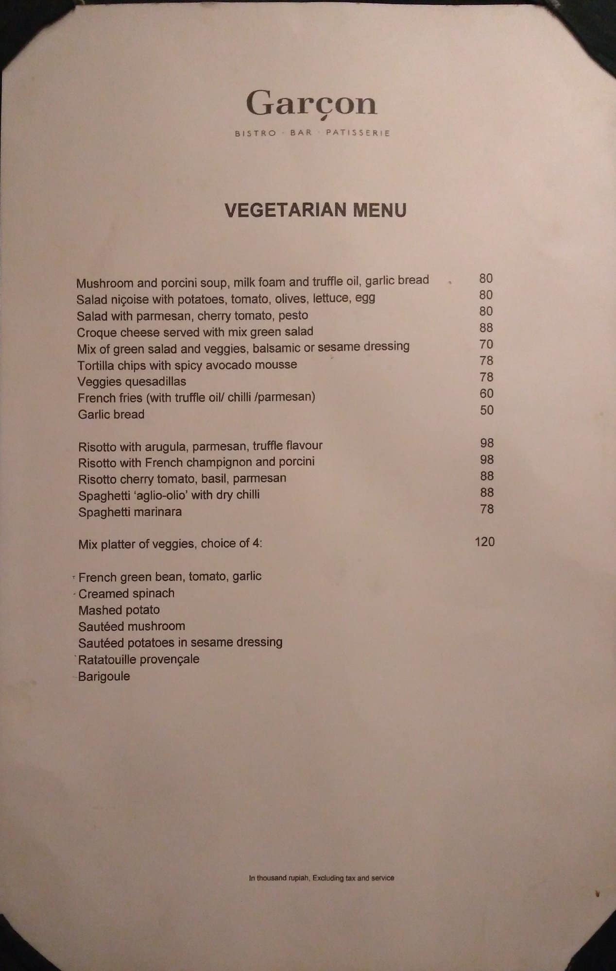 Carta del restaurante Bistro Garçon, Yakarta