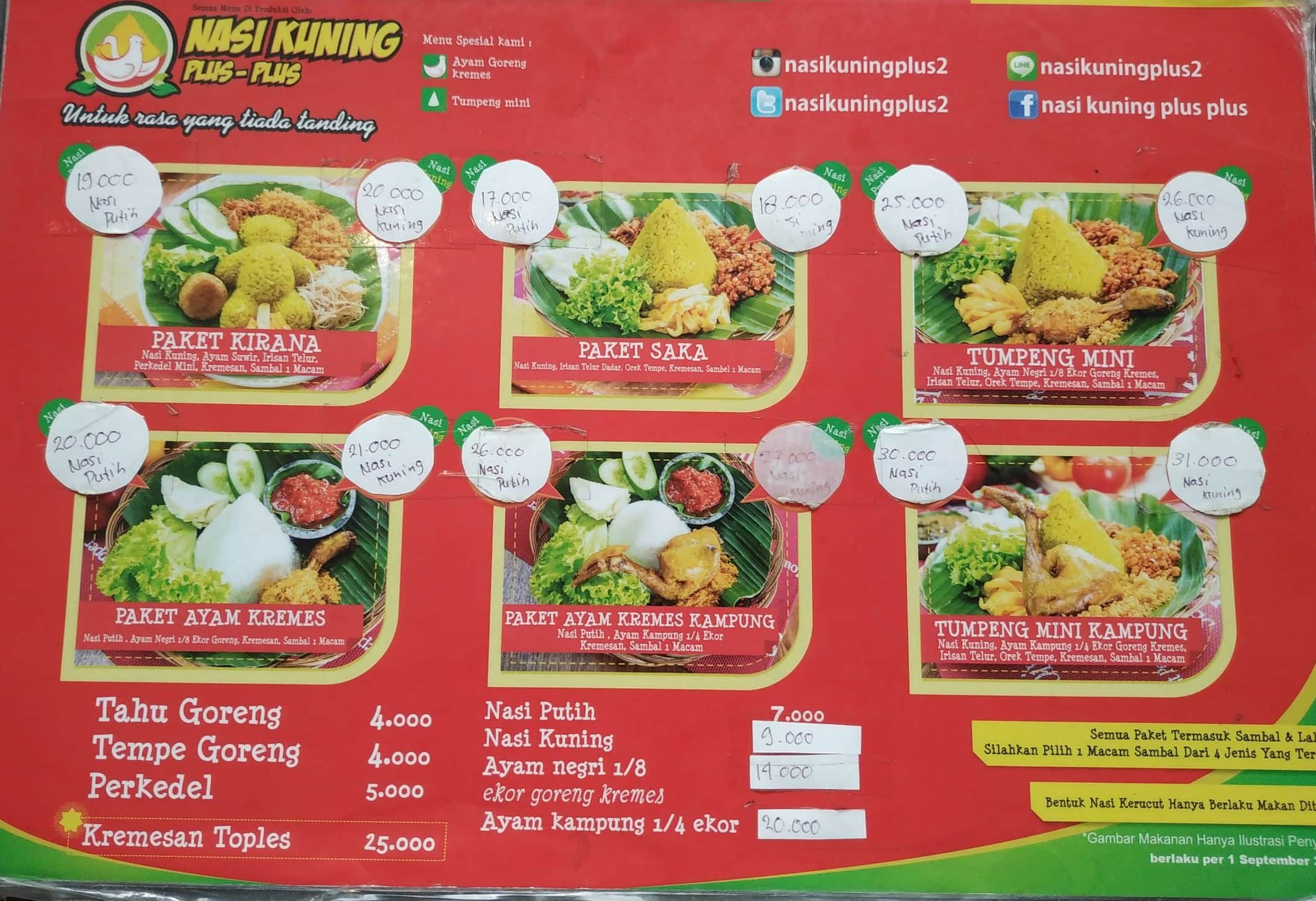 Menu at Nasi Kuning Plus-plus restaurant, Jakarta, Jl. Kopyor Raya