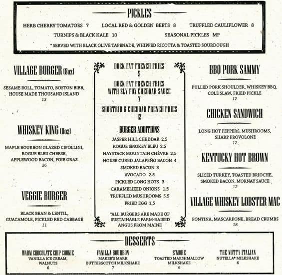 Menu at Village Whiskey pub & bar, Philadelphia