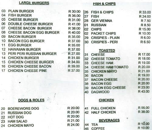 Menu at Hot Stuff Take Aways Sunpark restaurant, Nelspruit