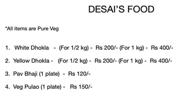 Menu of Desai's Food, Dahisar West, Mumbai
