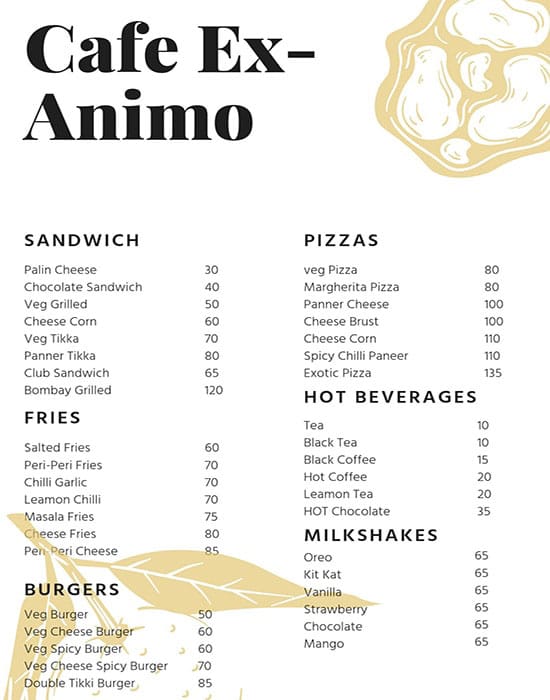 Menu of Cafe Ex-Animo, Sinhgad Road, Pune