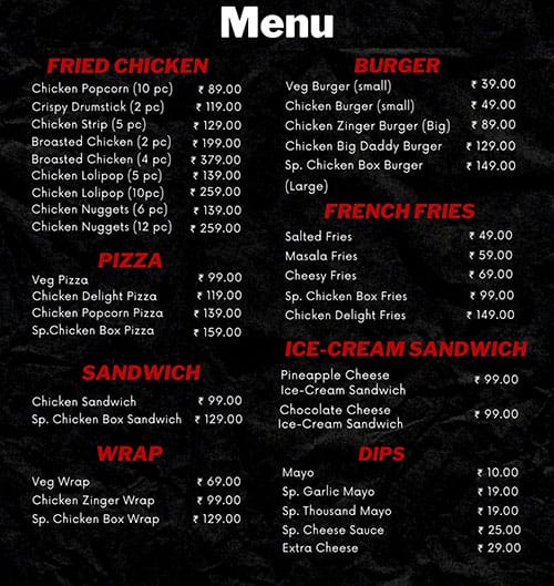 Menu at Chicken Box, Surat