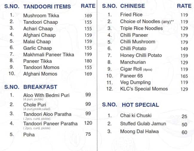 Menu of KLC, Sector 62, Noida