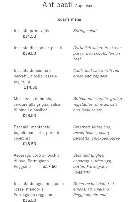 Menu at Locanda Locatelli restaurant, London