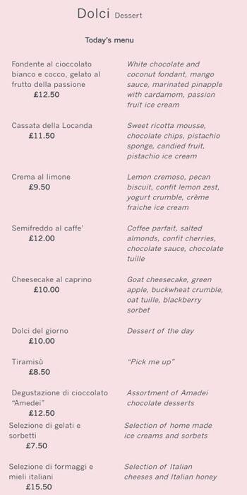 Menu at Locanda Locatelli restaurant, London