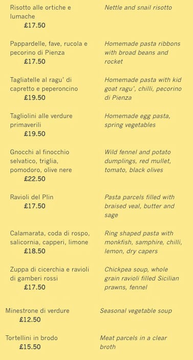 Menu at Locanda Locatelli restaurant, London