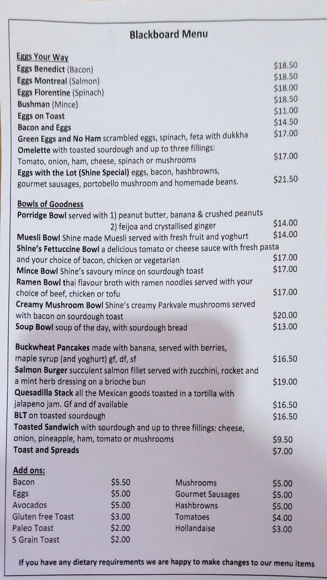 Menu at Shine Cafe, Lower Hutt