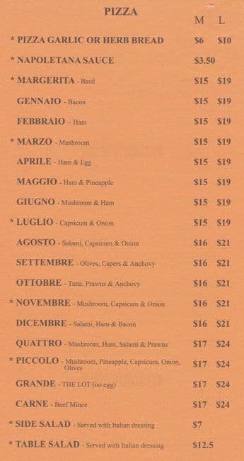 Menu at Piccolo Ristorante Italiano restaurant, Christchurch