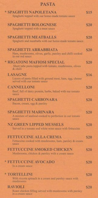 Menu at Piccolo Ristorante Italiano restaurant, Christchurch