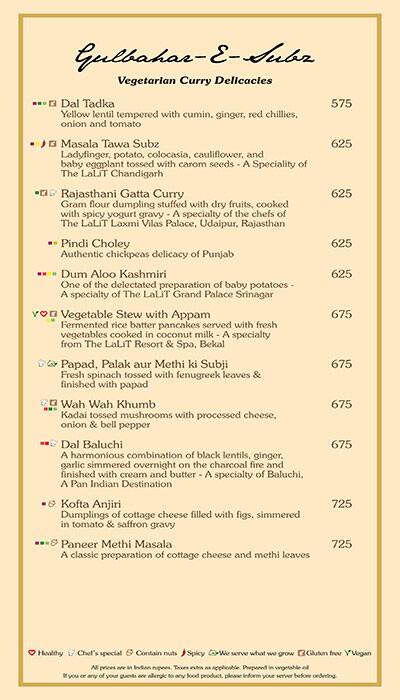 Menu at Baluchi - A Pan Indian Destination, Chandigarh