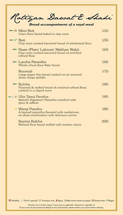 Menu at Baluchi - A Pan Indian Destination, Chandigarh