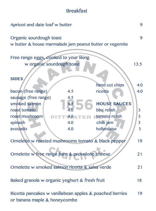Menu at The Marina Cafe, Church Point
