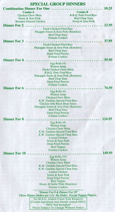 Menu at KW Gardens restaurant, Surrey