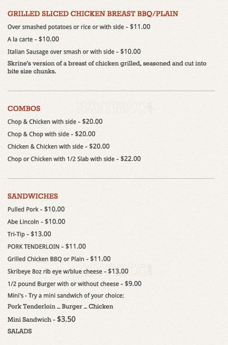 Menu at Skrine Chops pub & bar, Forest Park, Madison St