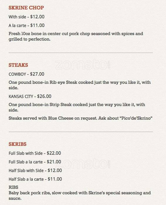 Menu at Skrine Chops pub & bar, Forest Park, Madison St