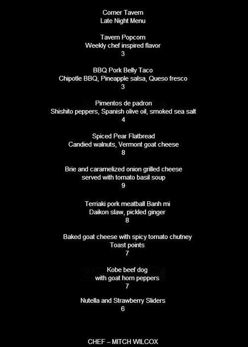 Menu at Corner Tavern pub & bar, Boston, 421 Marlborough St