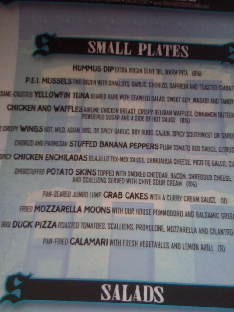 Menu at The South Side restaurant, Cleveland