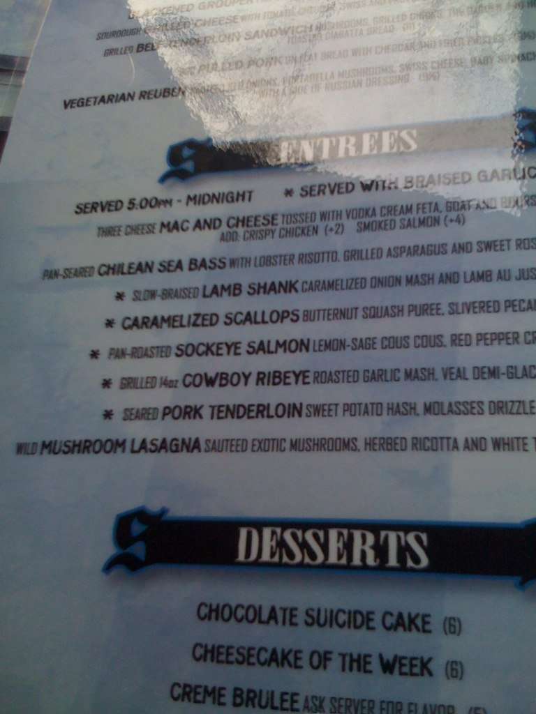 Menu at The South Side restaurant, Cleveland