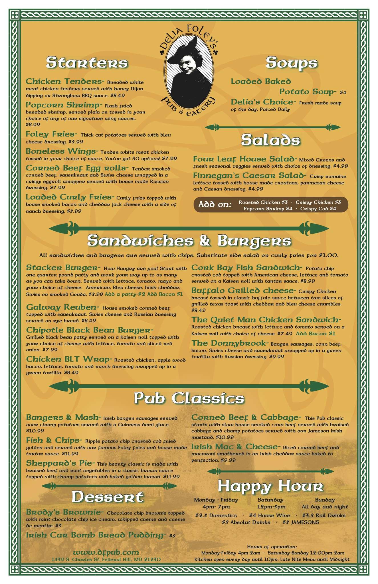 Menu at Delia Foley's pub & bar, Baltimore