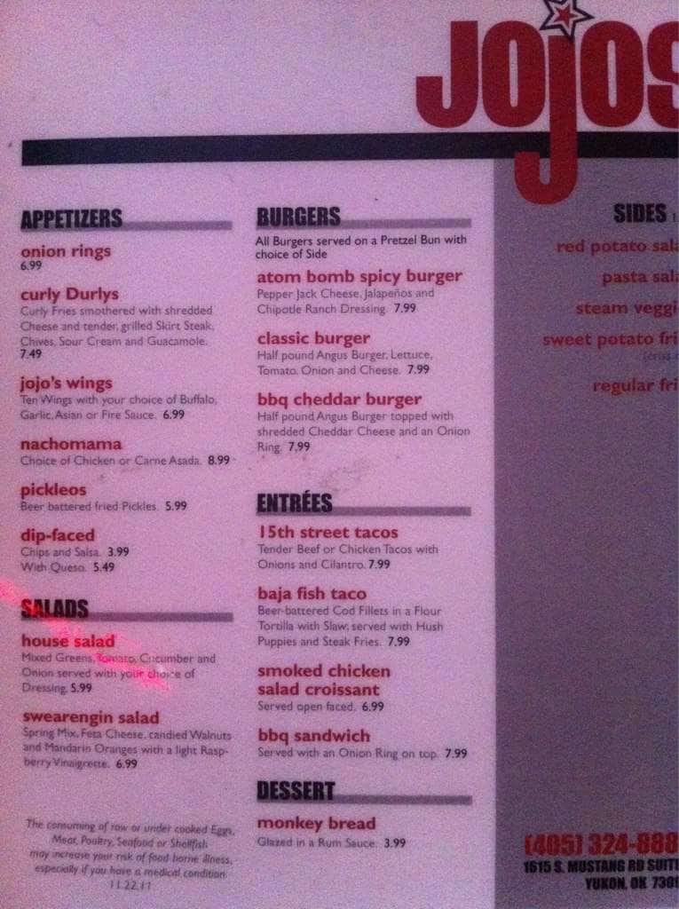 Jojos Menu, Menu for Jojos, Yukon, Oklahoma City - Urbanspoon/Zomato