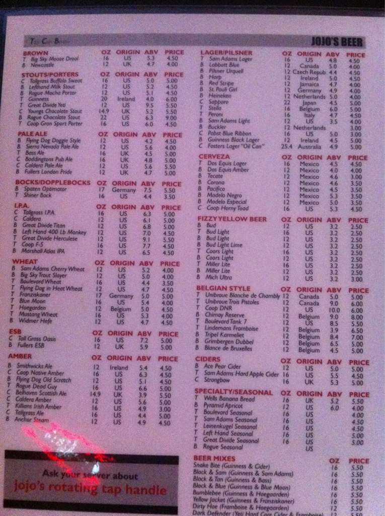Menu at Jojos Bar & Grill, Yukon