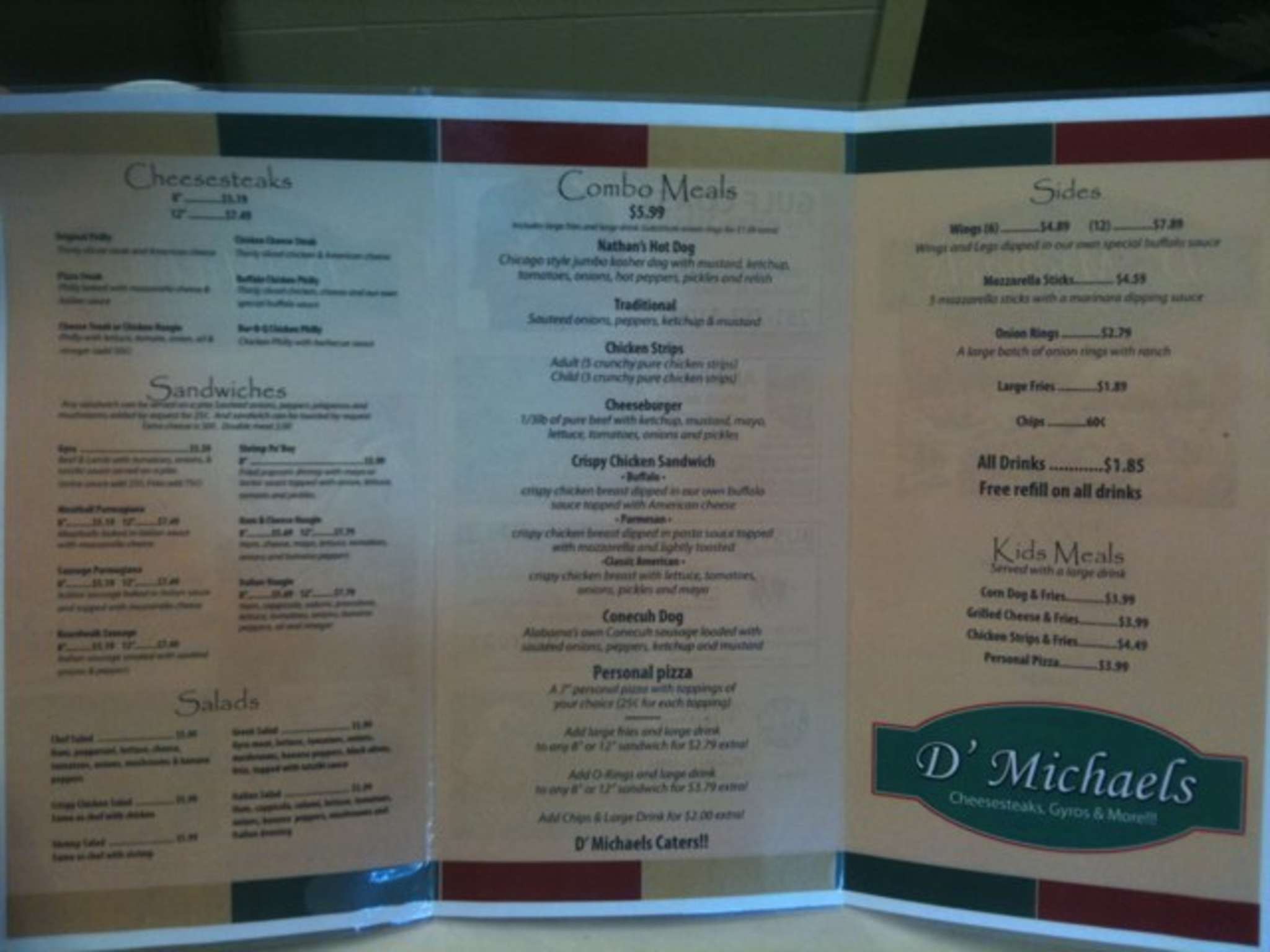 Menu at D'Michaels restaurant, Theodore