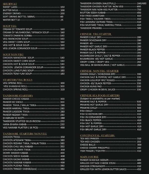 Menu of Ambience Garden Restaurant, Amravati Road, Nagpur