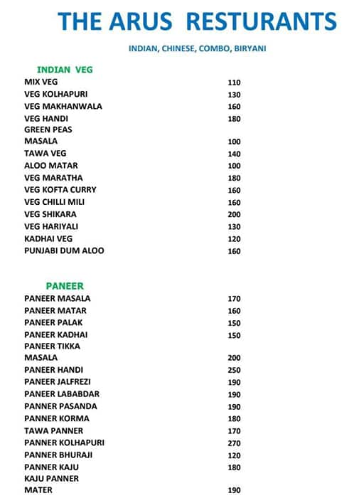 Menu of The Mirchi Restaurant, Bhosari, Pune