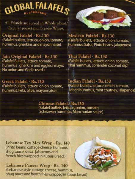 Menu at Falafel, Mumbai