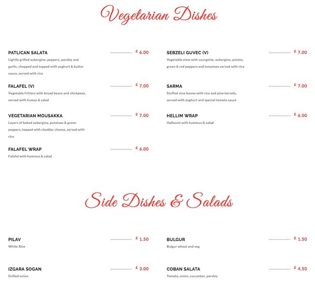 Menu at Mangal 1 restaurant, London, 10 Arcola St