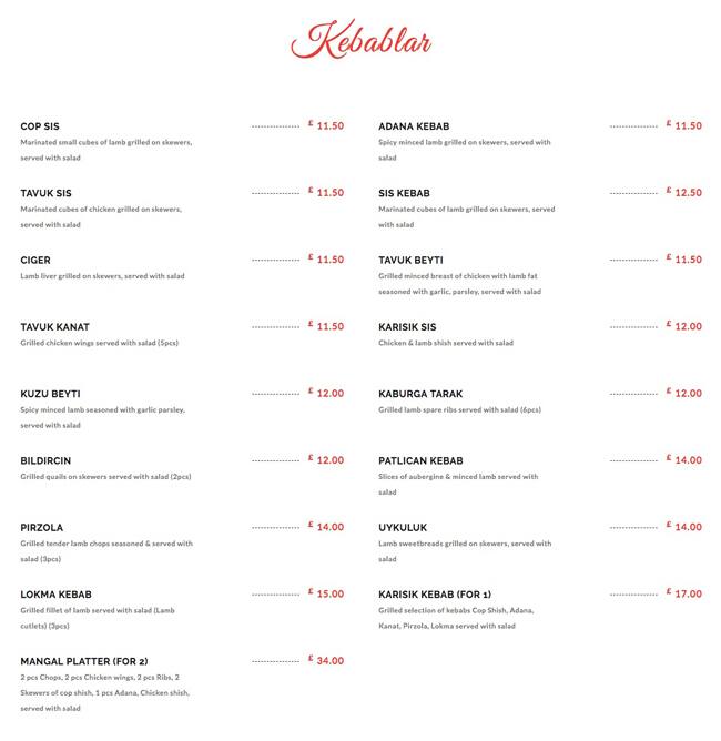 Menu at Mangal 1 restaurant, London, 10 Arcola St