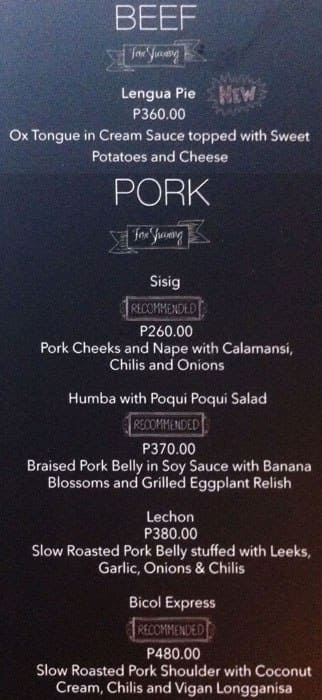 Menu at Tiago restaurant, Quezon City