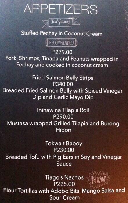 Menu at Tiago restaurant, Quezon City