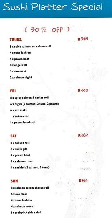 Menu au Sakura restaurant, Le Cap, 48