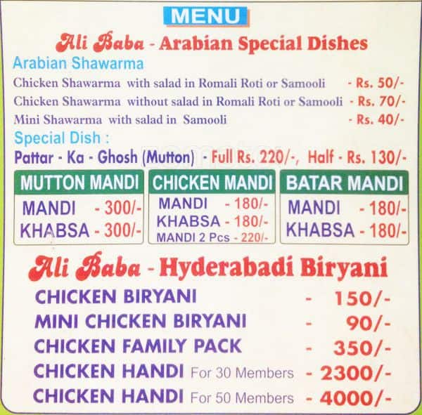 Menu at Ali Baba Rolls, Secunderabad