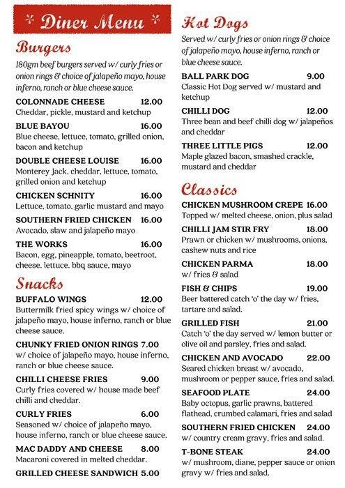 Menu at Colonnade Diner cafe, Hurstville, 38 Park Rd