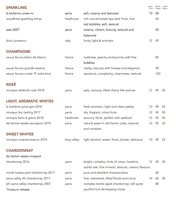 Menu at De Bortoli restaurant, Coldstream