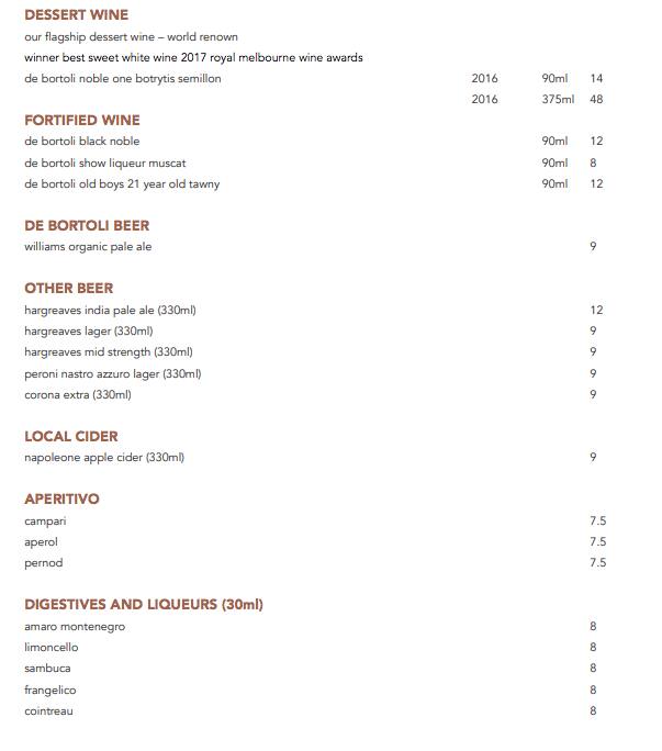 Menu at De Bortoli restaurant, Coldstream